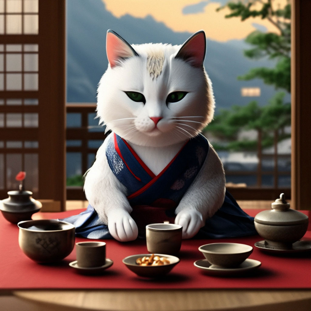 "The Youkai Cat at the tea ceremony" — image created in Shedevrum
