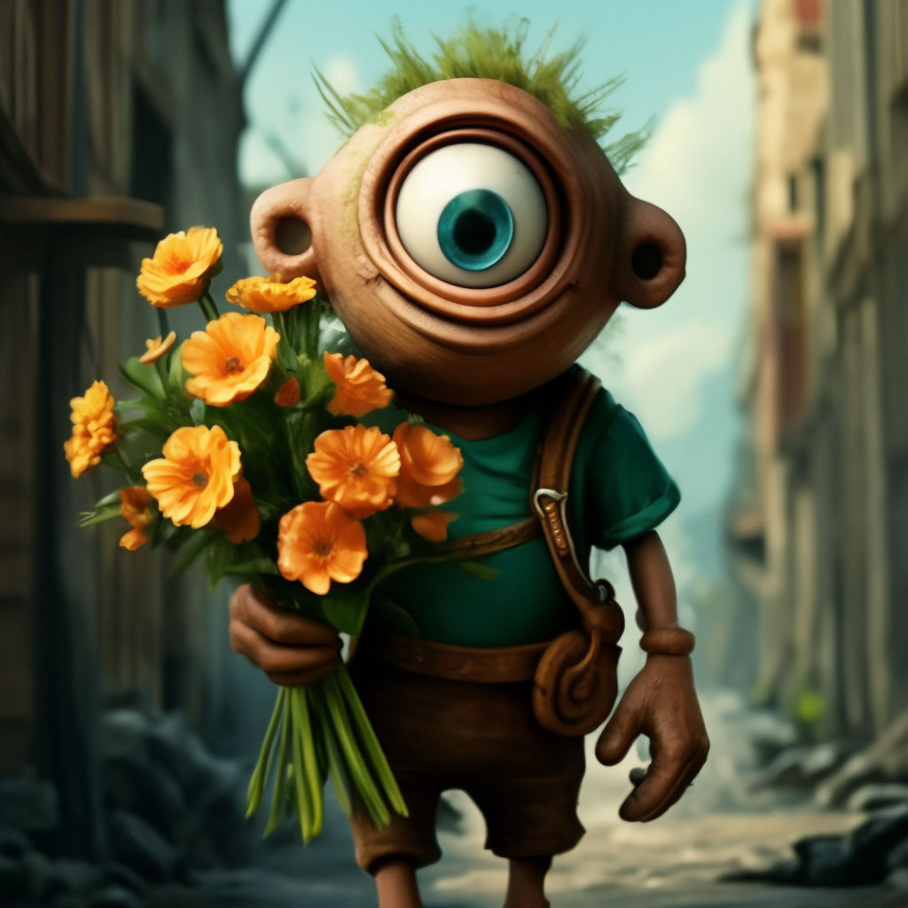 "A kind cartoon cyclops, carrying a bouquet of flowers for his beloved ...