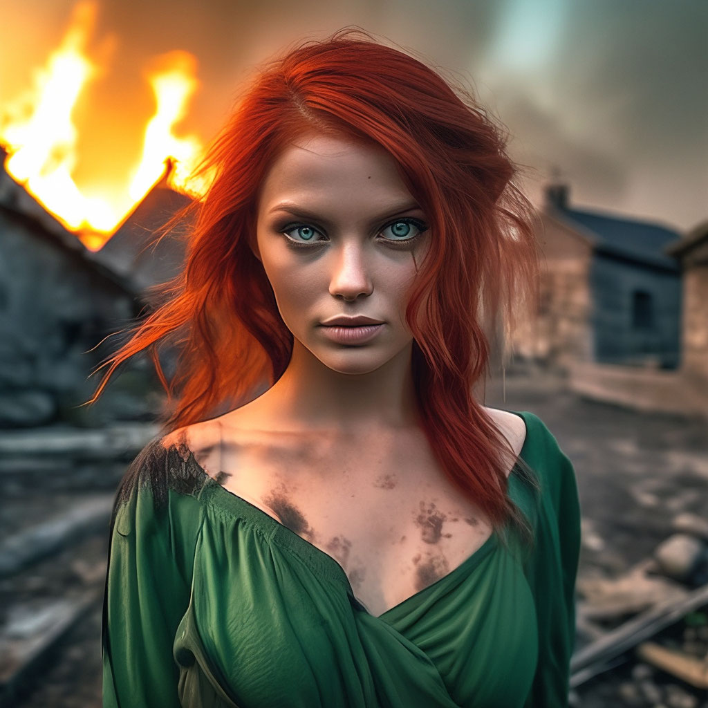 "Beautiful girl, big green eyes, bright red hair, evil grin, chthonic ...
