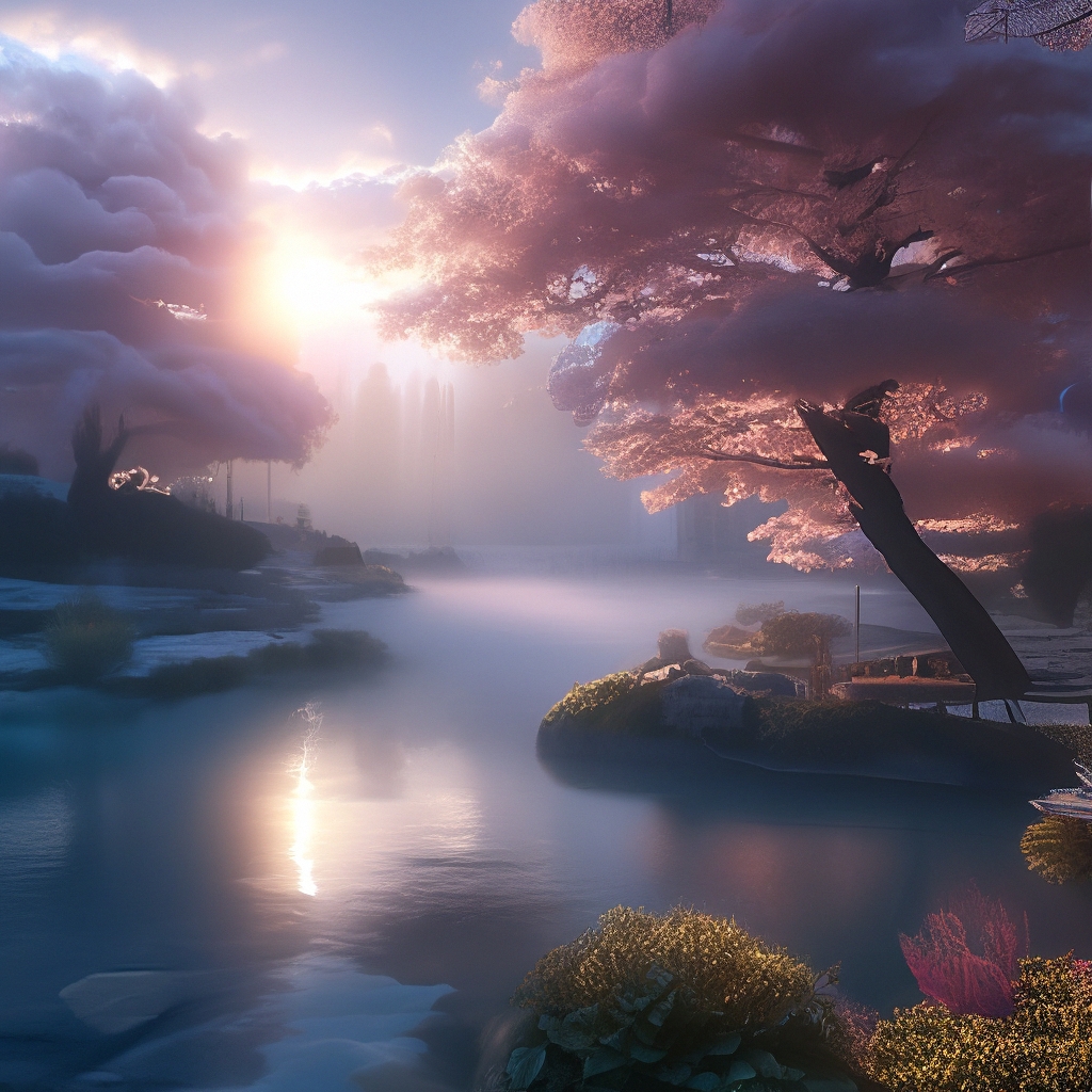 "Serenity, landscape, soft light, filigree, surrealism ...