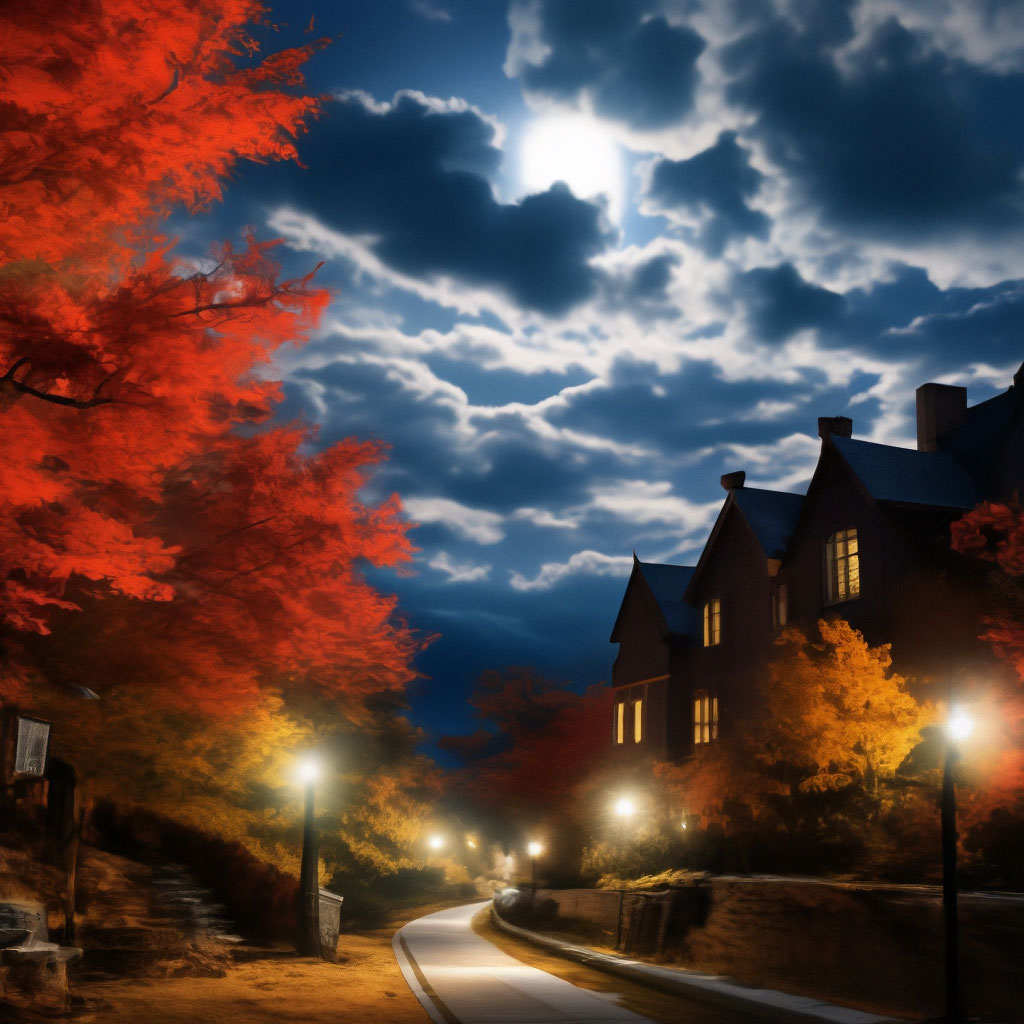 "Autumn night, light from a lantern, golden and crimson maples, torn ...