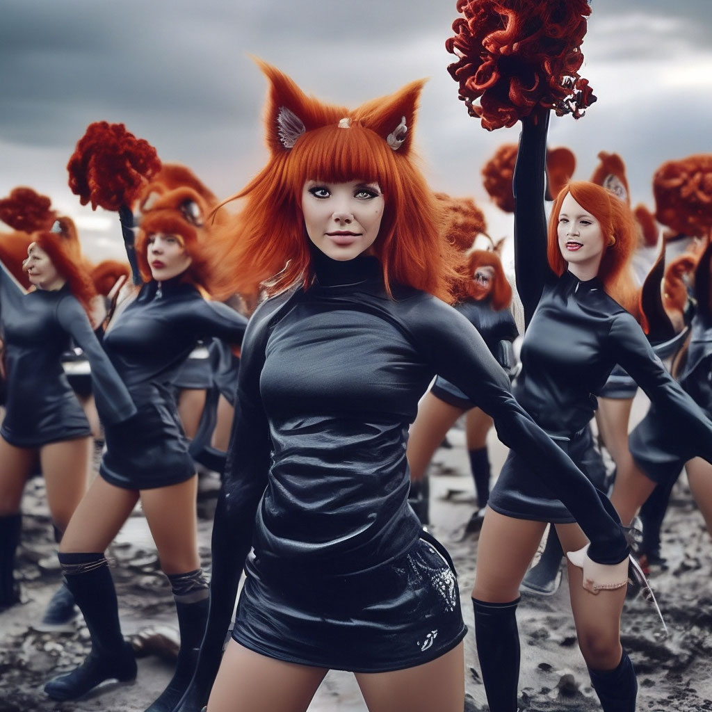 "Cute, fluffy, red-haired cats cheerleaders in black suits" — image ...