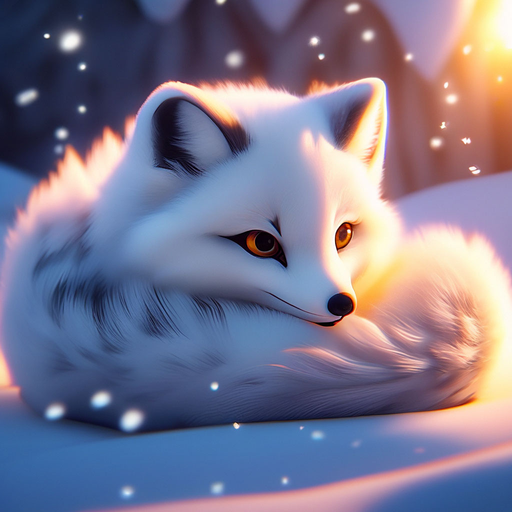 "Cute Megapushy arctic fox in chibi style, curled up on a snowdrift ...