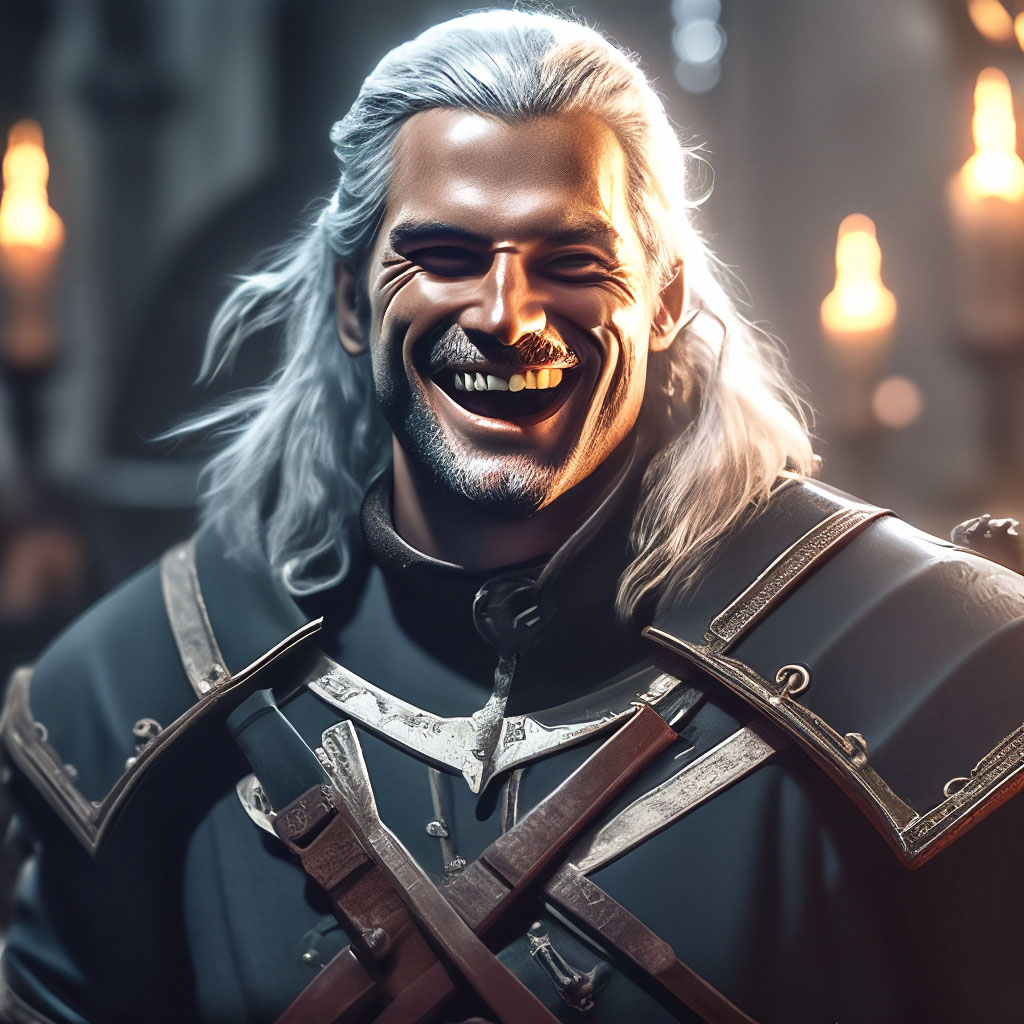 "Witcher with a crazy smile from ear to ear, hyperdetalization, soft ...