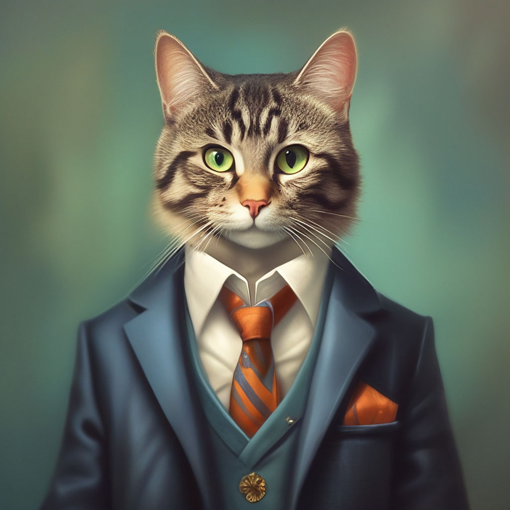"A cat in a fashionable suit" — image created in Shedevrum