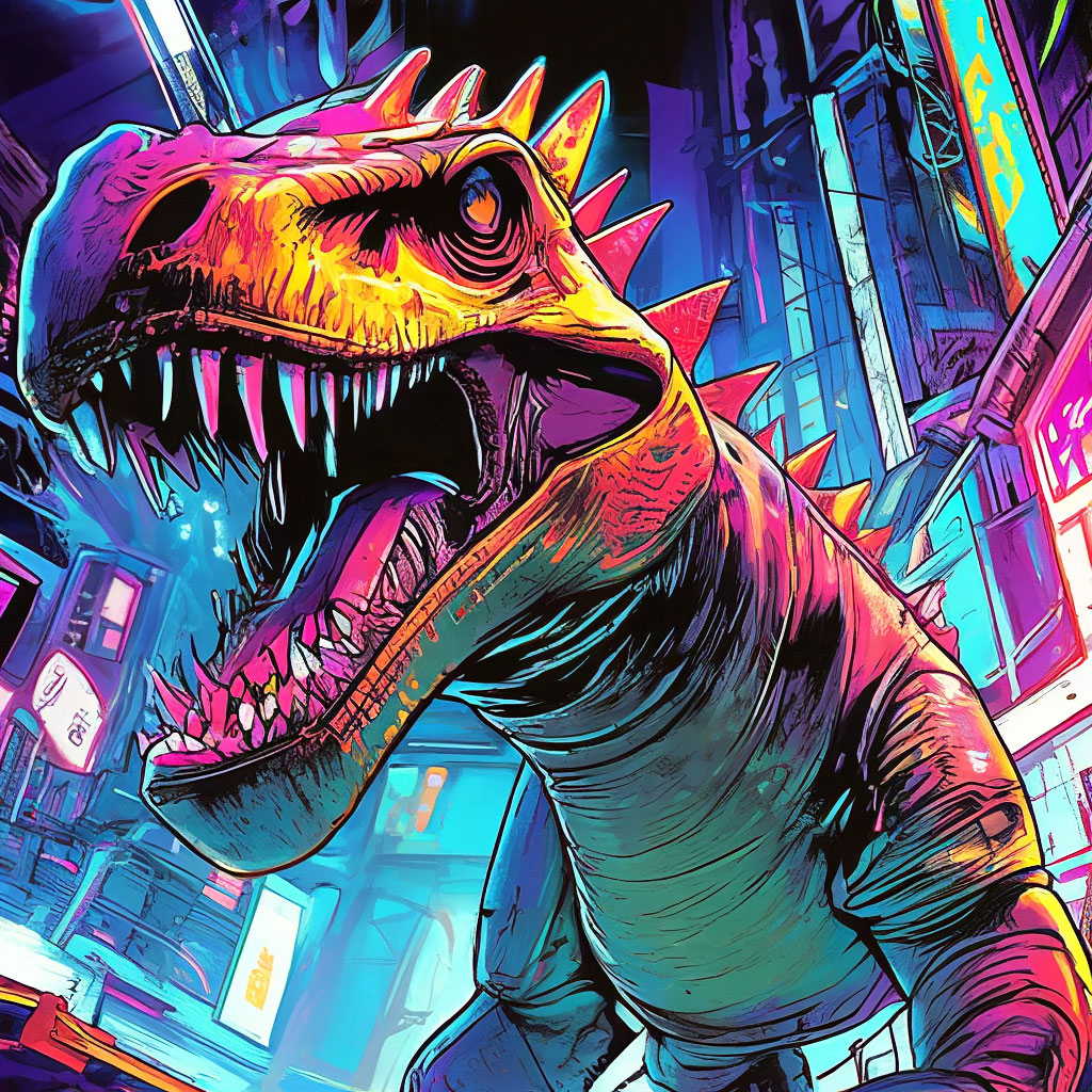 "Techno dinosaurs" — image created in Shedevrum