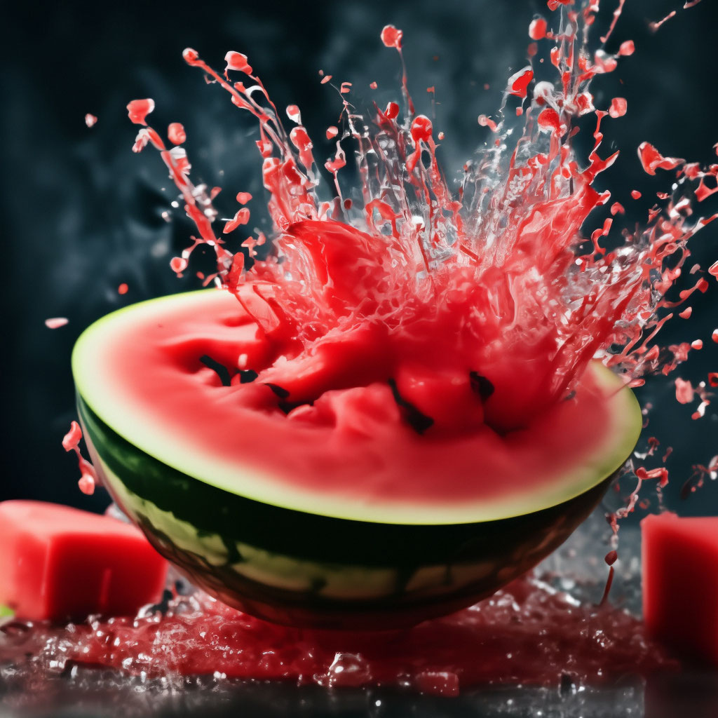 "A watermelon bursting from ripeness with splashes of watermelon juice ...