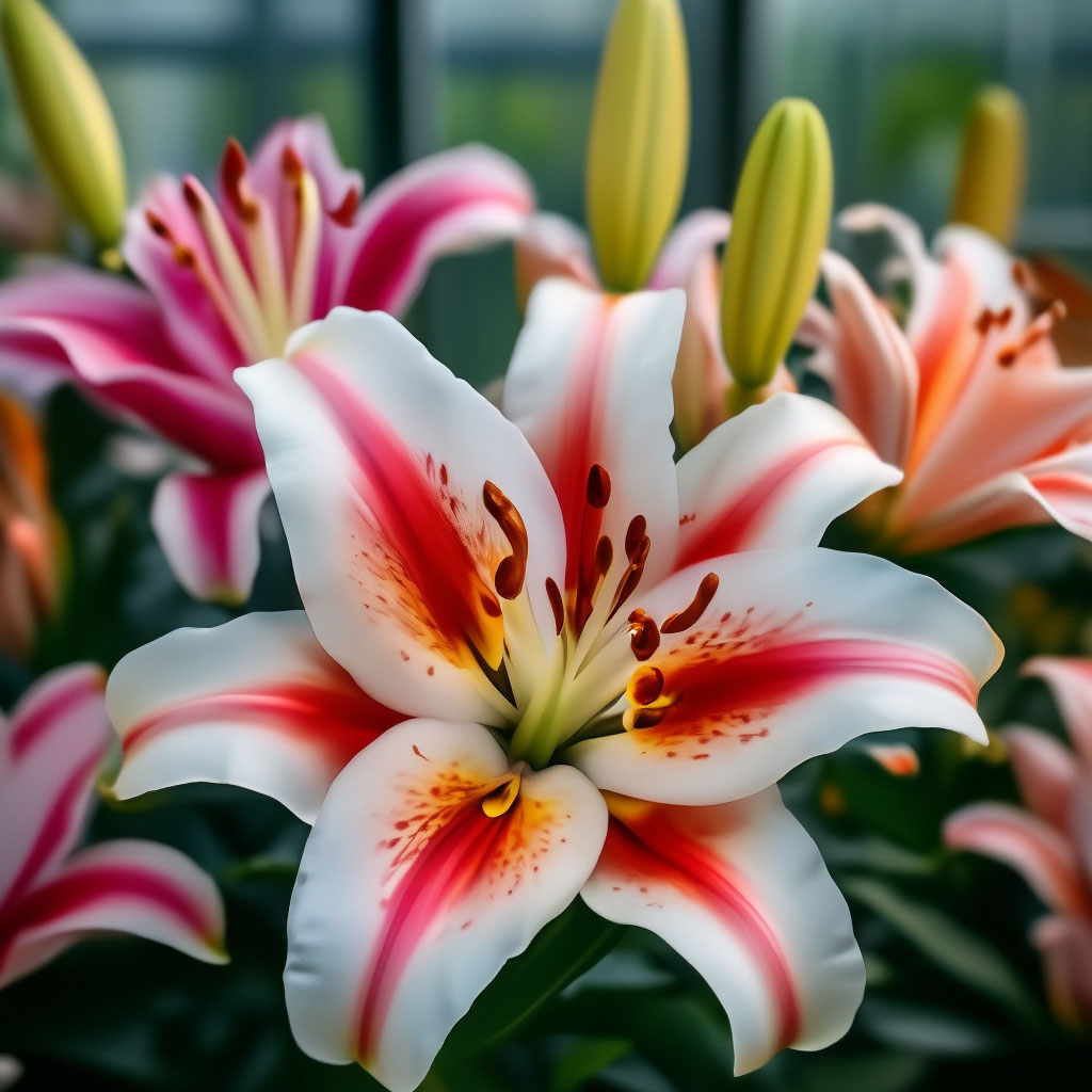 "Colorful lilies in the greenhouse, beautiful, realistic, professional ...