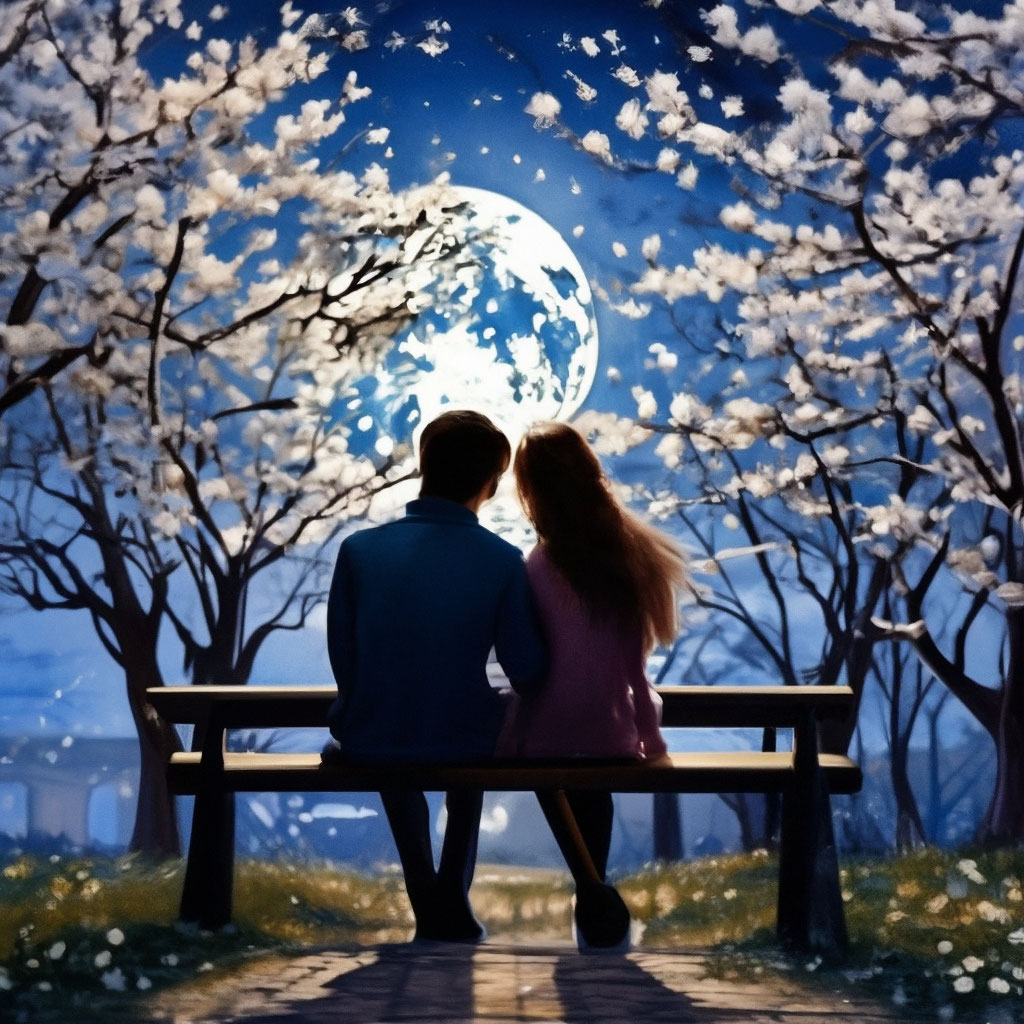 "Spring garden, night, starry sky, branches with white plum flowers ...
