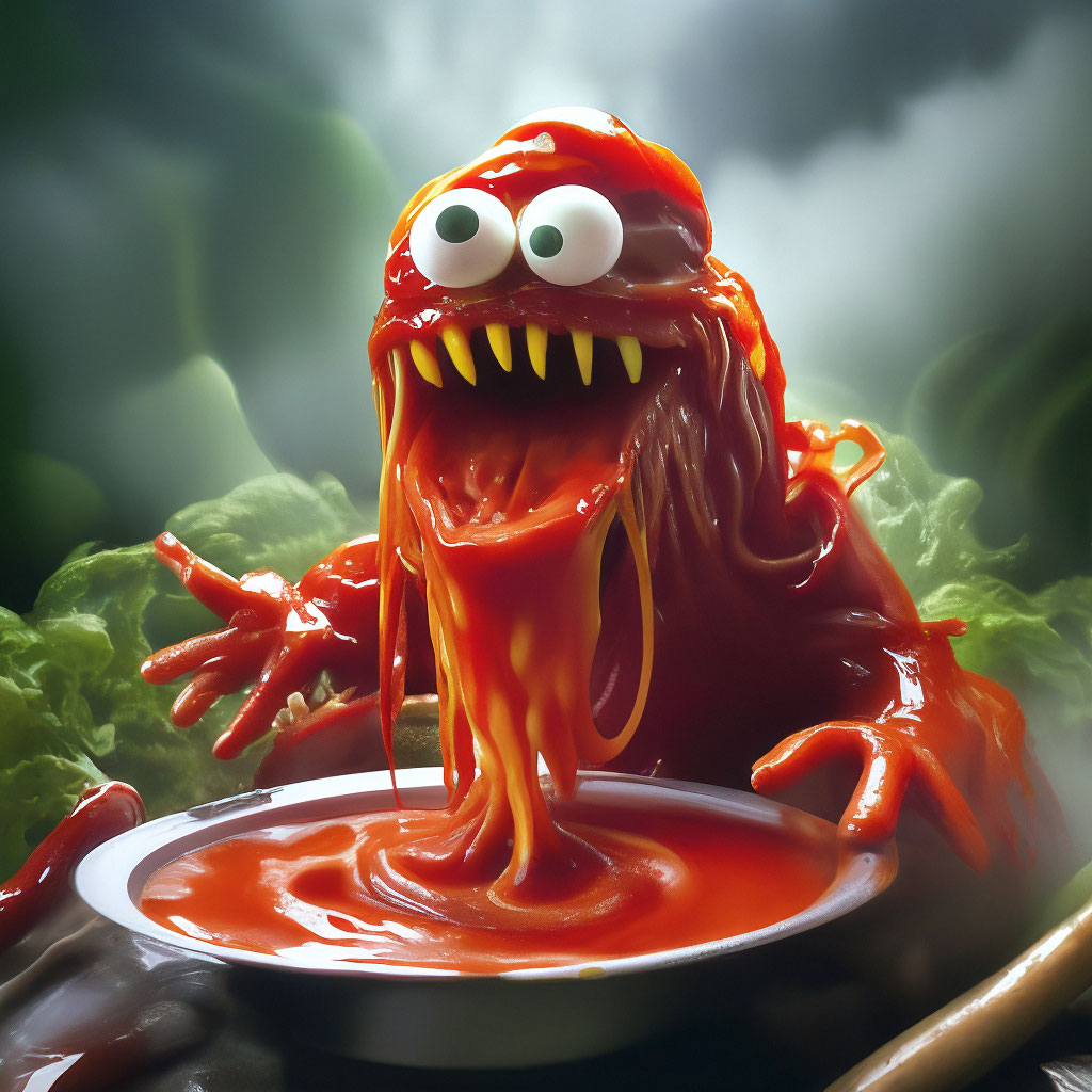 "Spaghetti monster bathes in ketchup" — image created in Shedevrum
