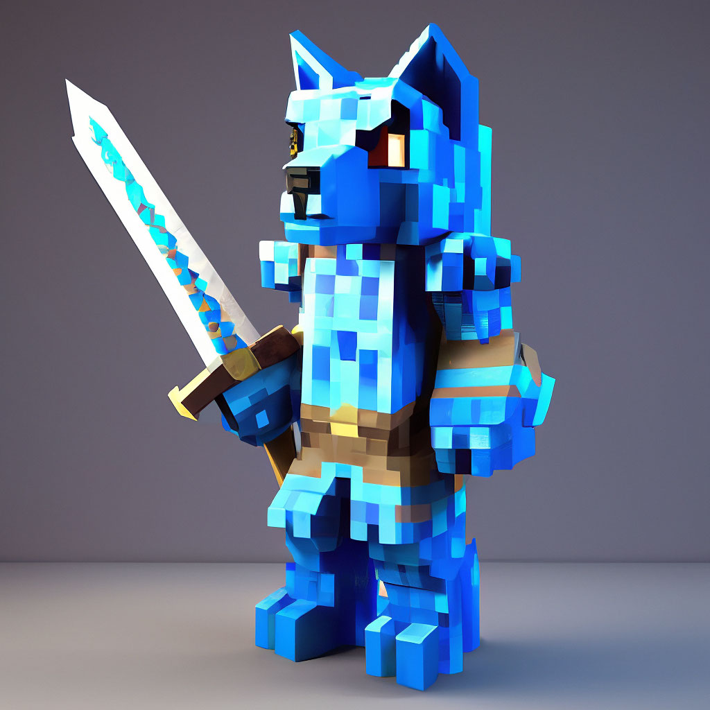 "Blue wolf in Minecraft style stands with a sword" — image created in ...