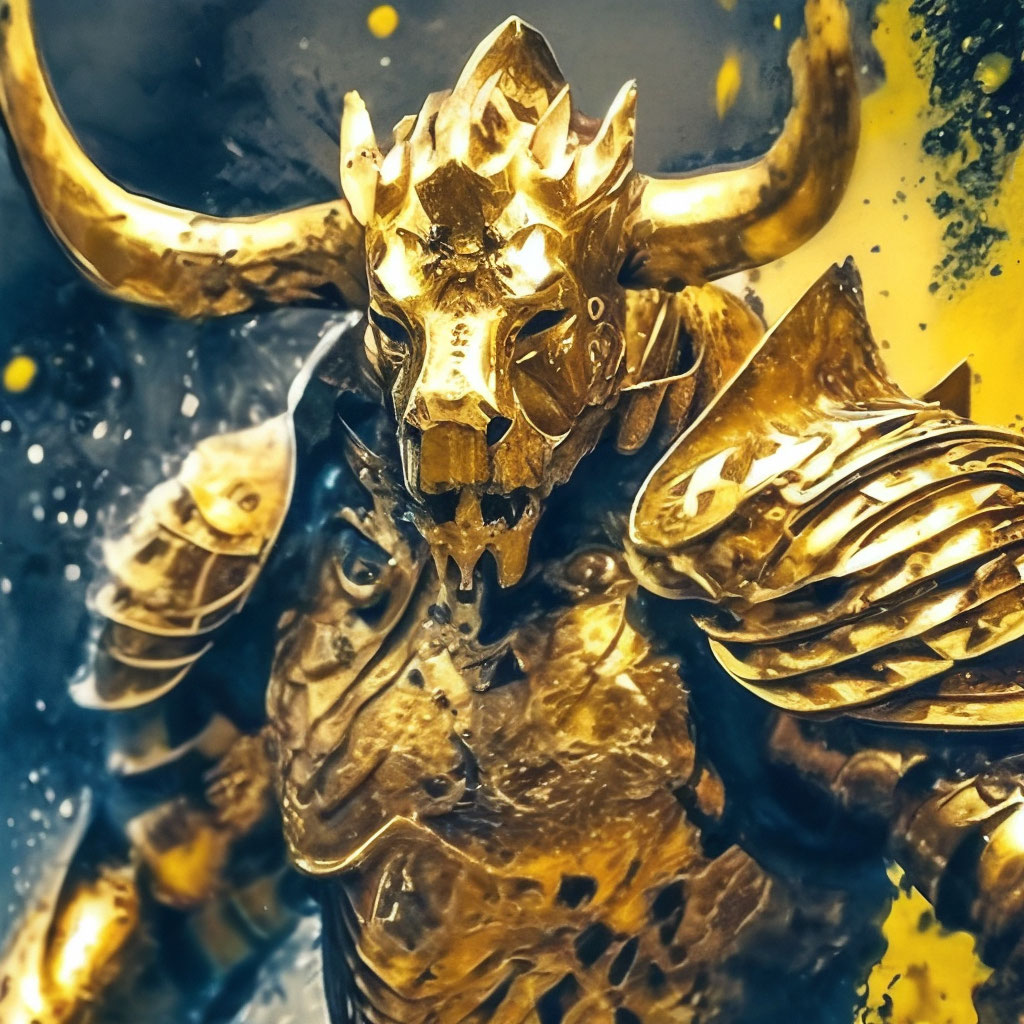 "Minotaur in mechanical golden armor, drip watercolor, strokes, strokes ...