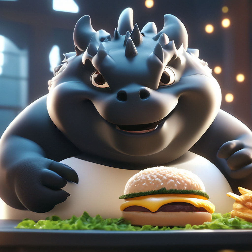 "Black fat as a sumo dragon cute eats a black burger in ultra full HD ...