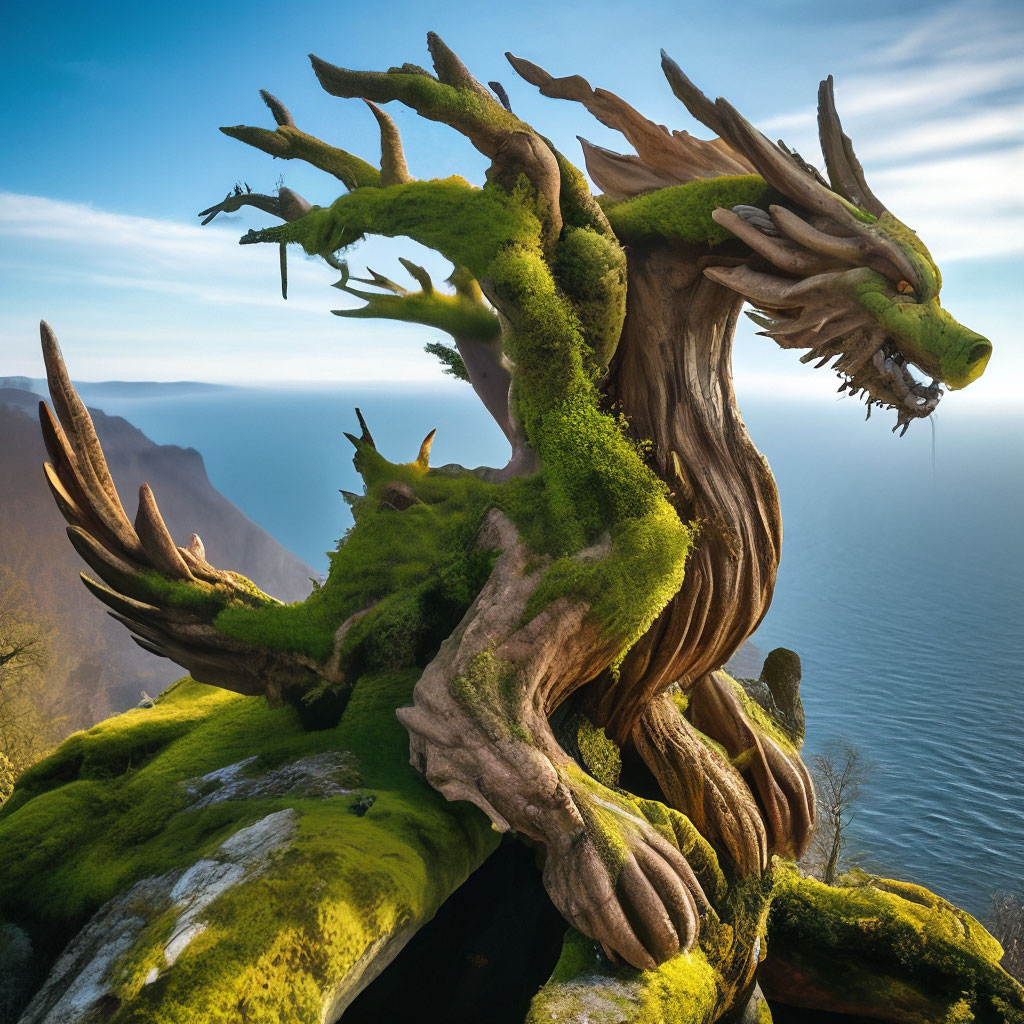 "A wooden dragon. A mossy mutant tree with wings-branches, paws-roots ...