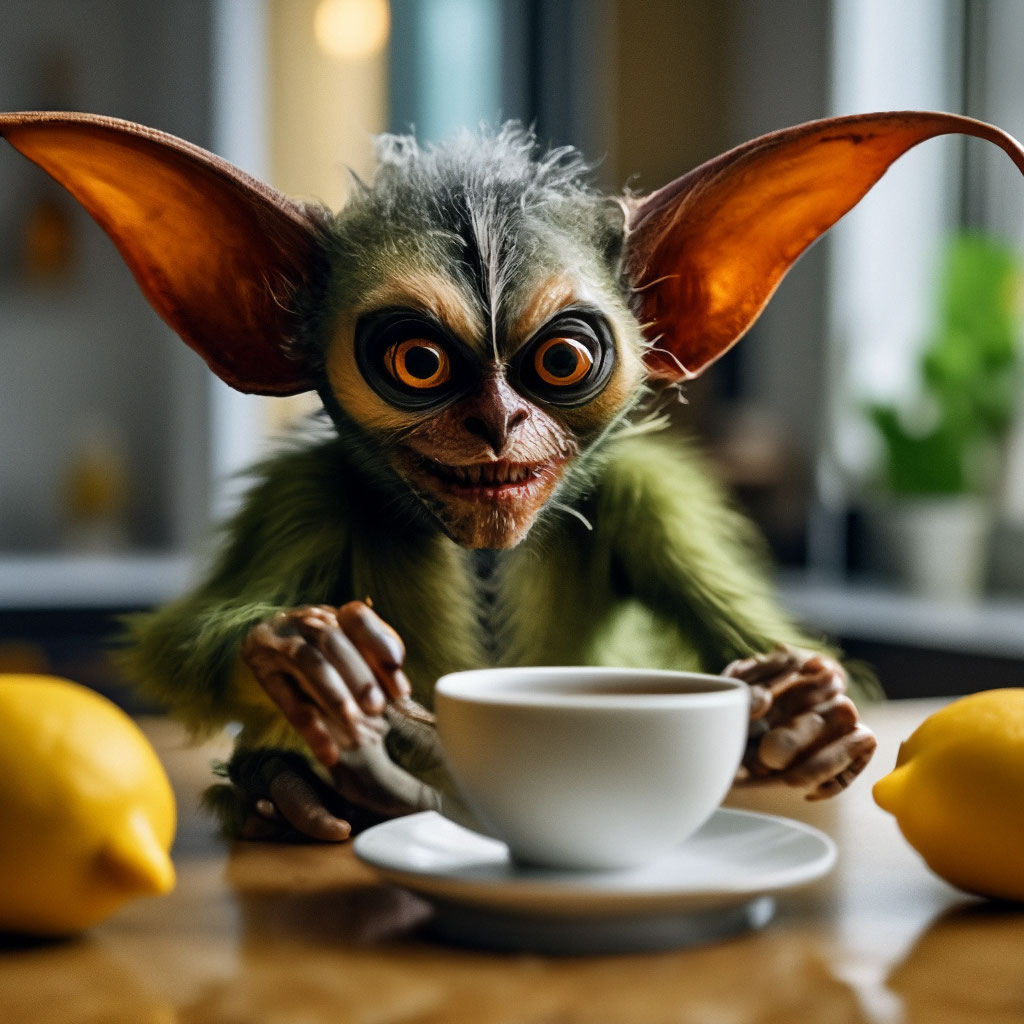 "Anthropomorphic Gremlin drinks tea with lemon in the kitchen colorful ...