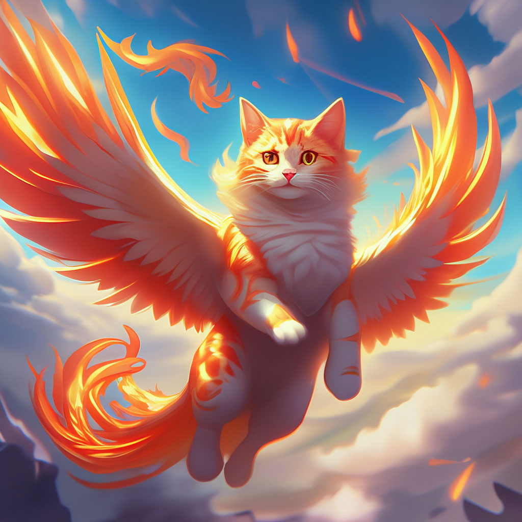 "Phoenix cat, flying" — image created in Shedevrum