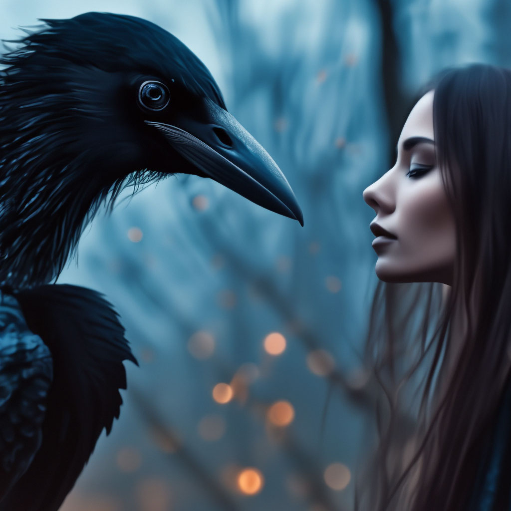 "Horror, darkly, skinny woman feeds a huge creepy black bird with a ...