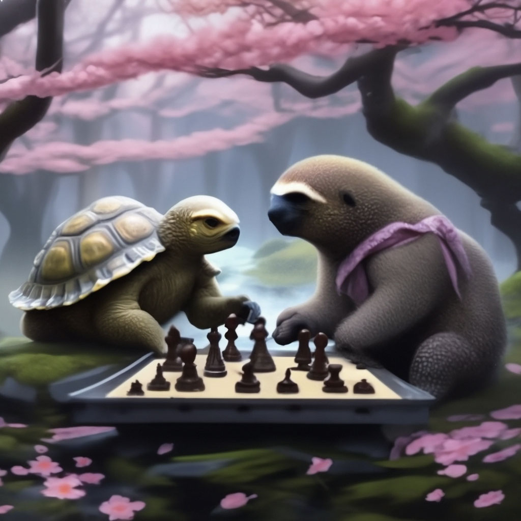 "Turtle and sloth play chess under sakura, maximum detail" — image ...