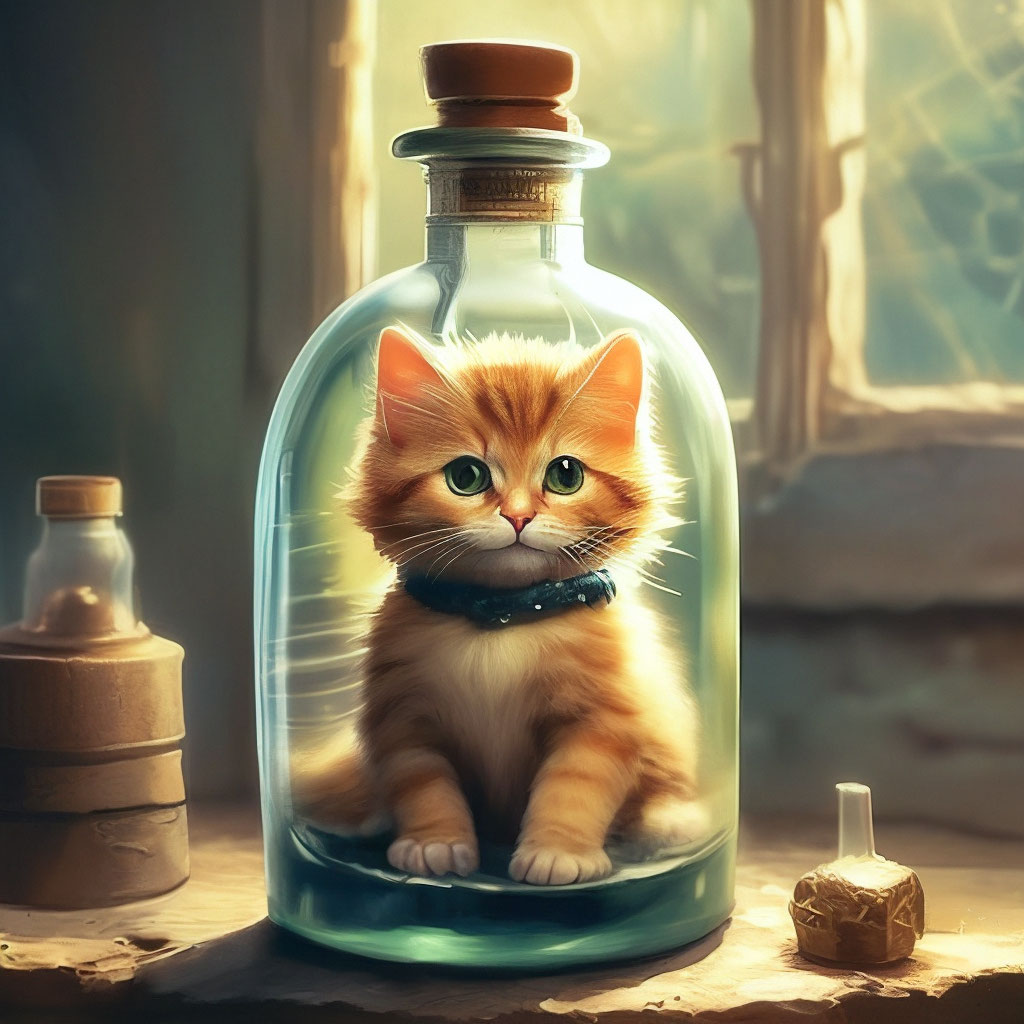 "A cat in a bottle 🐱" — image created in Shedevrum
