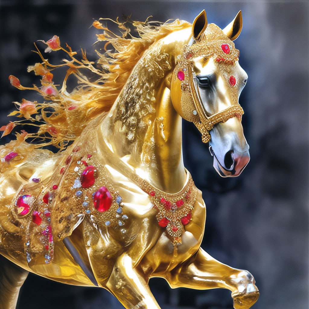 "Watercolor drawing,photorealism, a living golden Akhal-Teke horse with ...