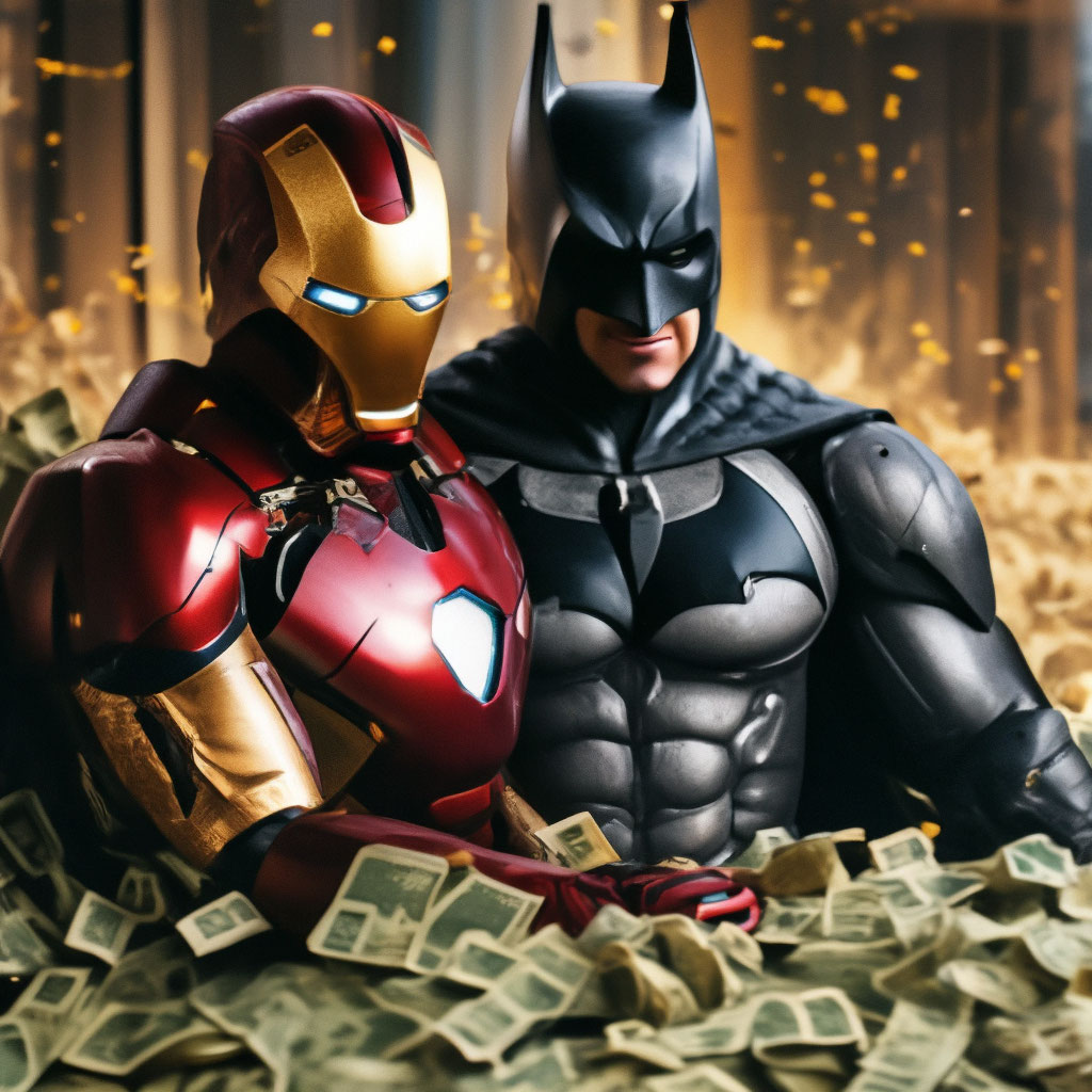 "Batman and iron man bathe in money, photo realism, high quality ...