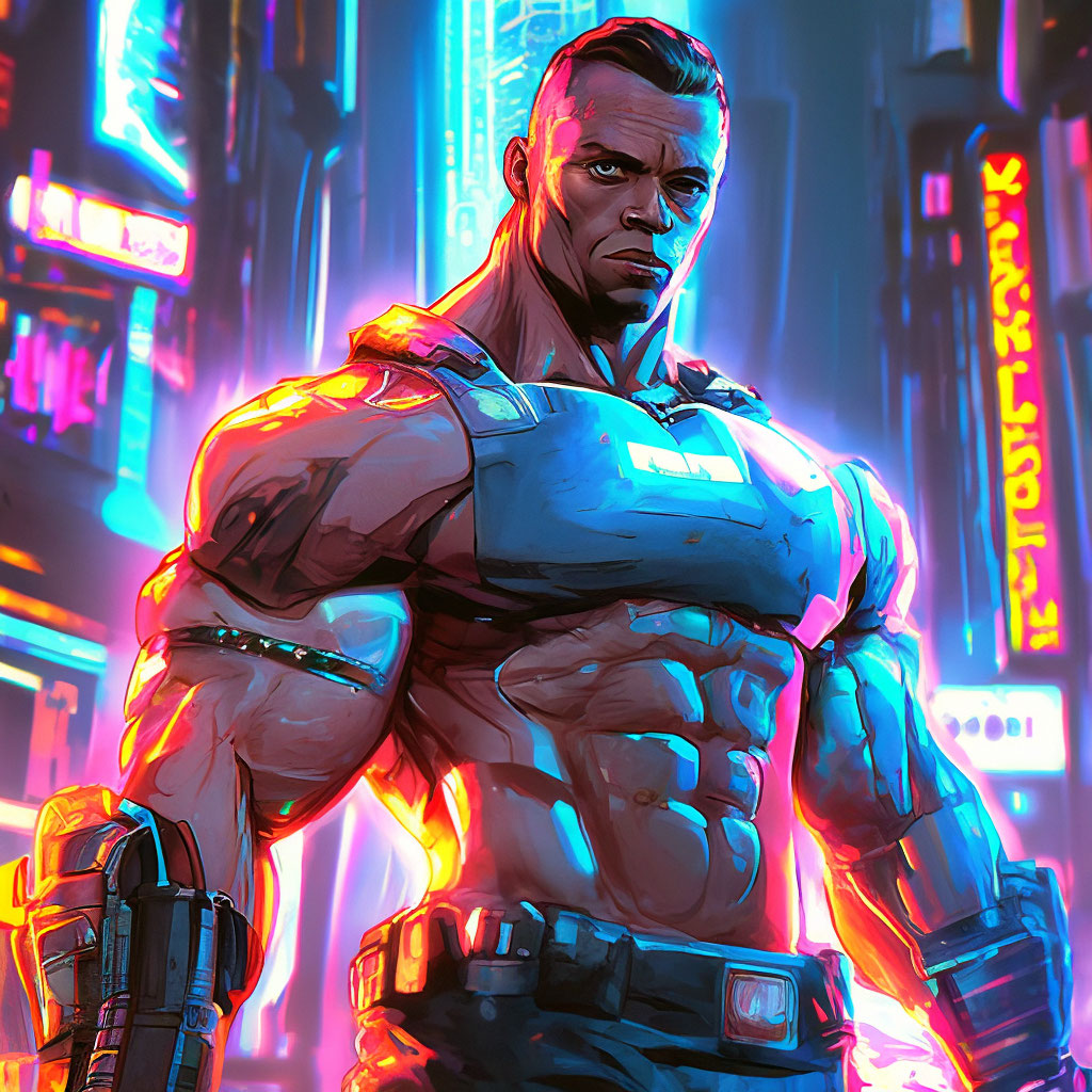 "Cyberpunk 2077 male v bodybuilder, bright lighting" — image created in ...