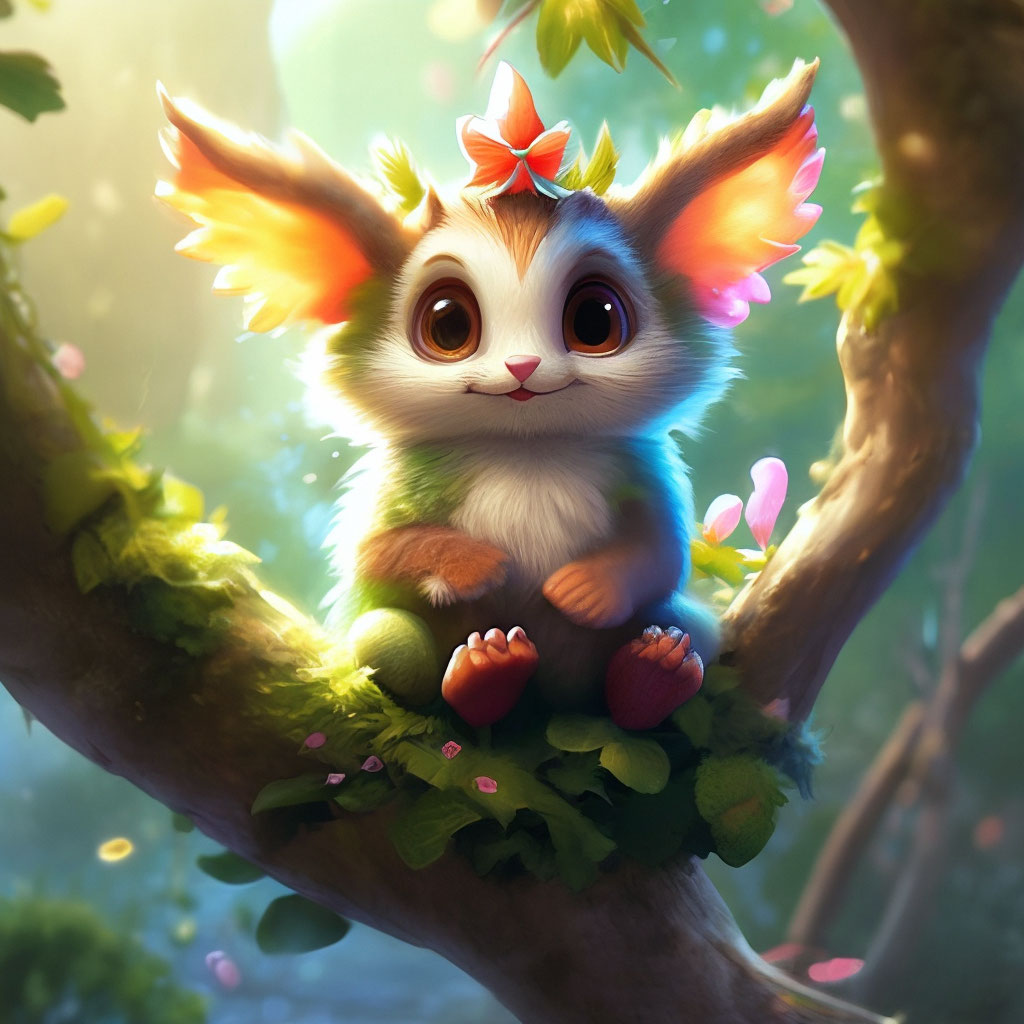 "A cute fairy-tale creature is sitting on a tree" — image created in ...
