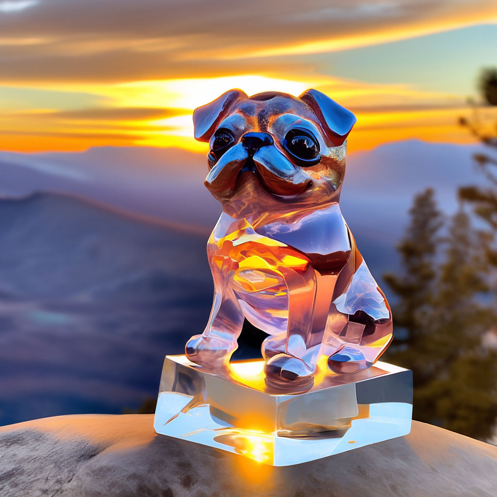 "Crystal Pug figurine at sunset mountain" — image created in Shedevrum