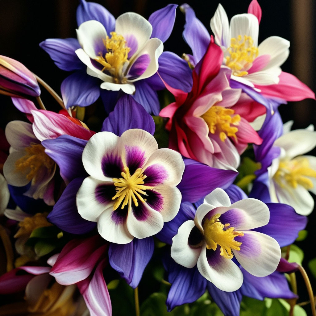 "Bouquet aquilegia, unusual coloring hyperrealism, 32k, maximalism ...