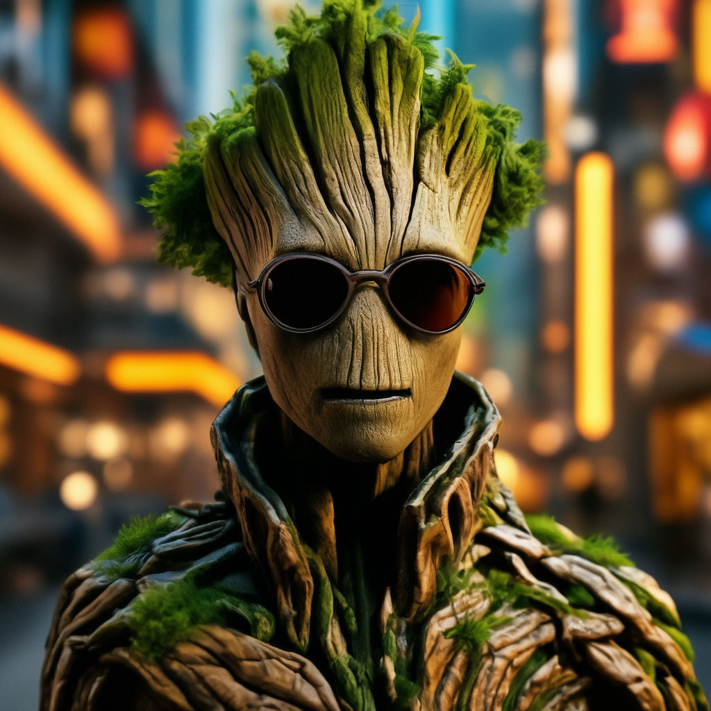 "Funny cyberpunk groot,fashionable hat, sunglasses, +coherent ...