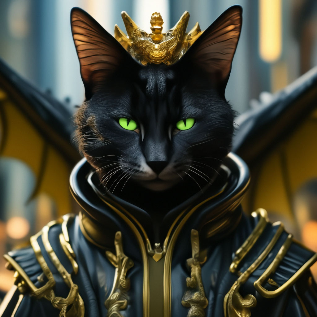 "Bayun the cat, black, anthropomorphic with green eyes, dragon wings ...