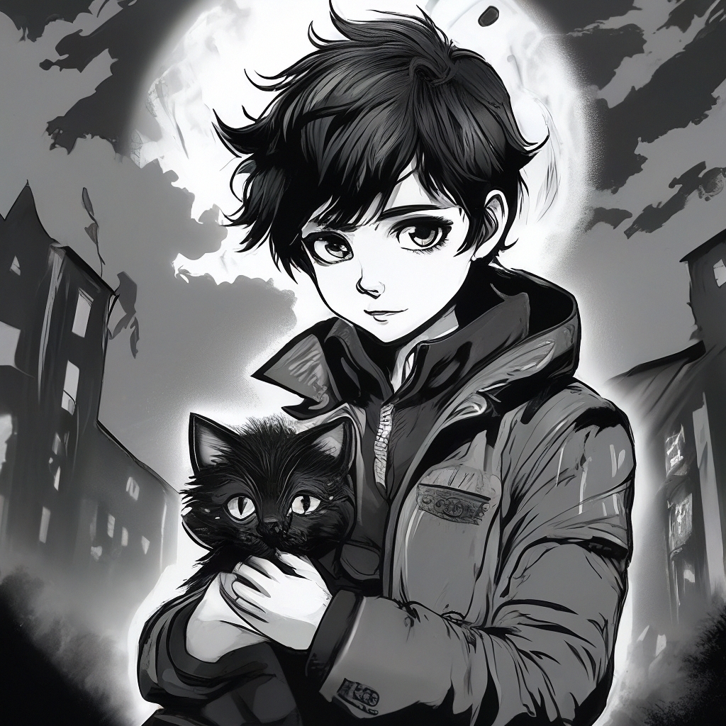 "A boy with disheveled black hair and a black jacket, completely black ...
