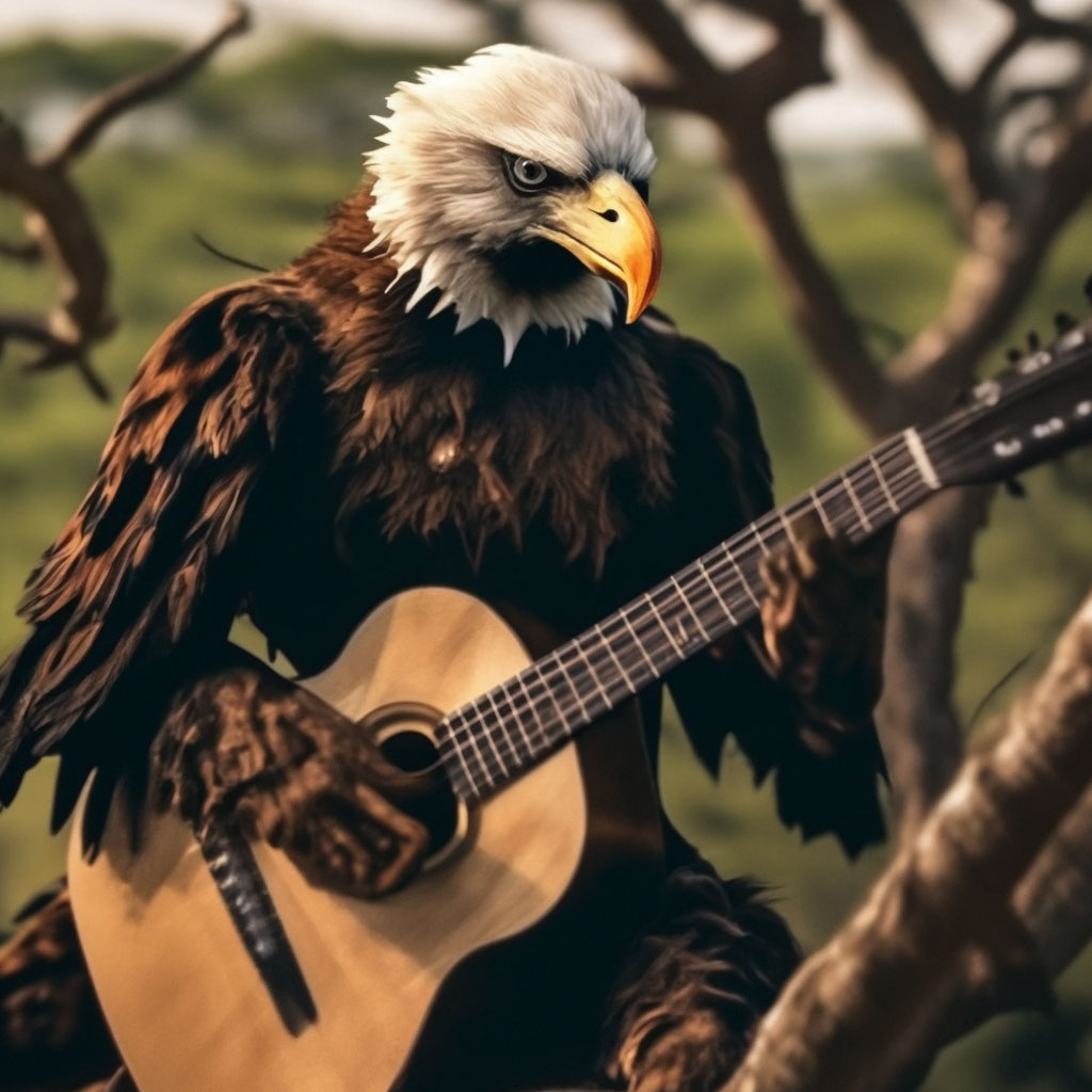 "Anthropomorphic eagle sits on an acacia tree and plays guitar ...