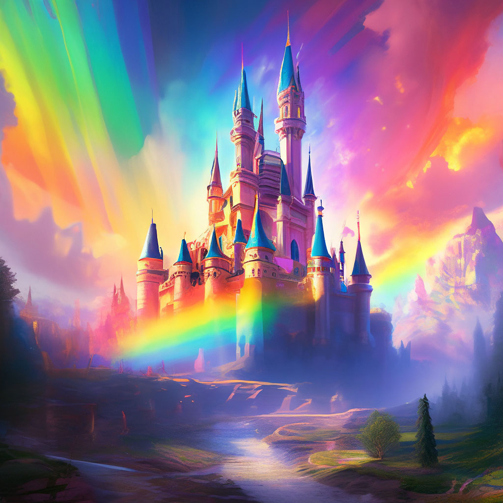 "The castle is wrapped in a rainbow haze" — image created in Shedevrum
