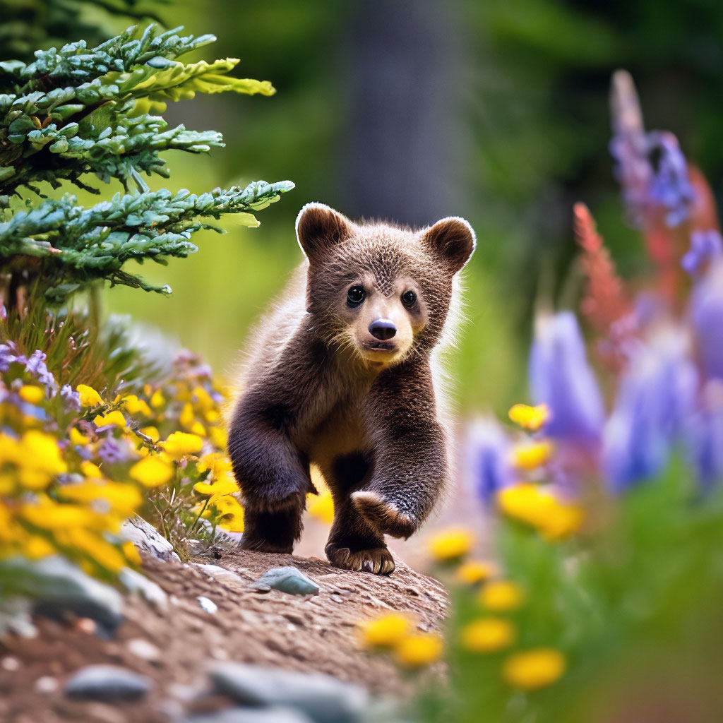 "A little bear cub hobbles after the departing bear, spruce,grass ...
