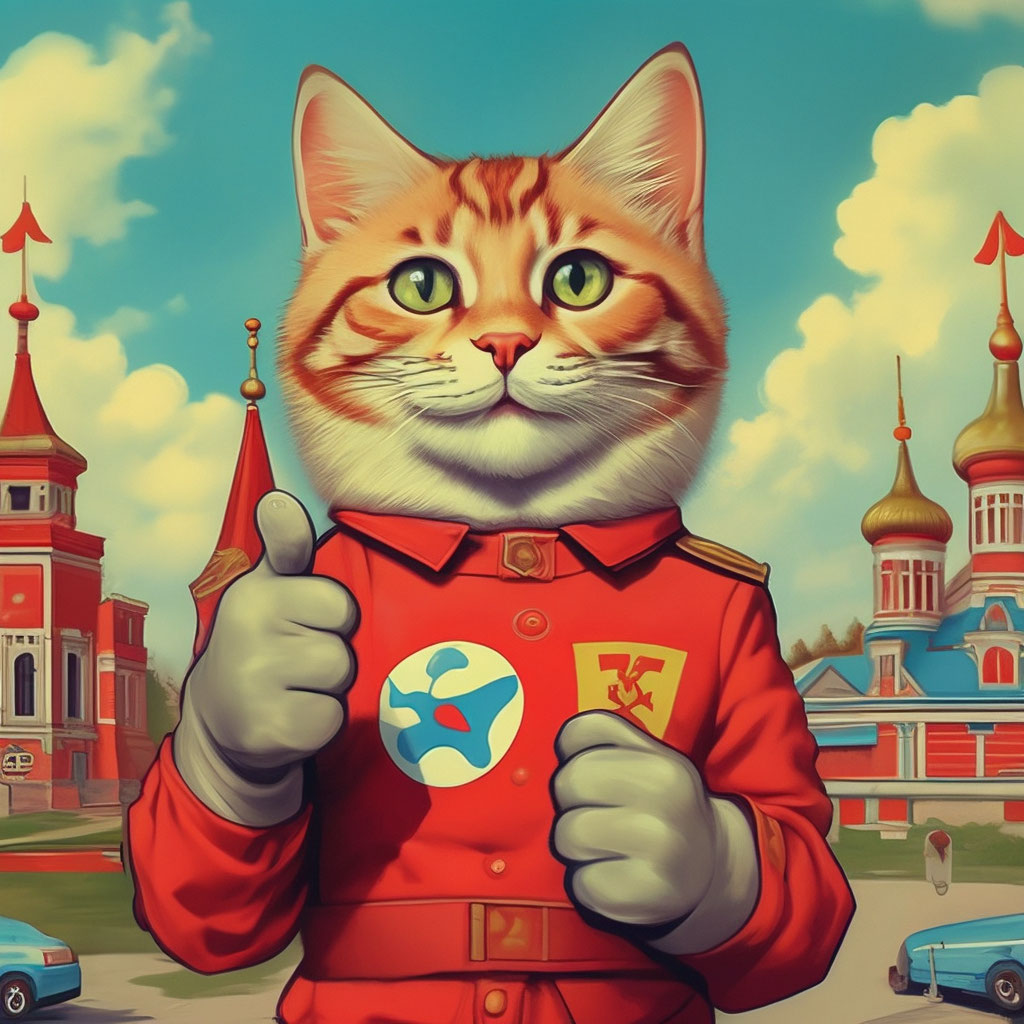 "The cat in Budenovka shows the thumbs up poster style of the USSR ...