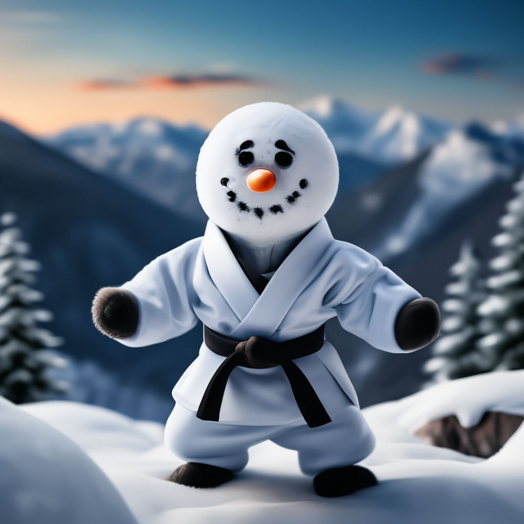 "A snowman in a karate kimono in the middle of snowy mountains" — image ...