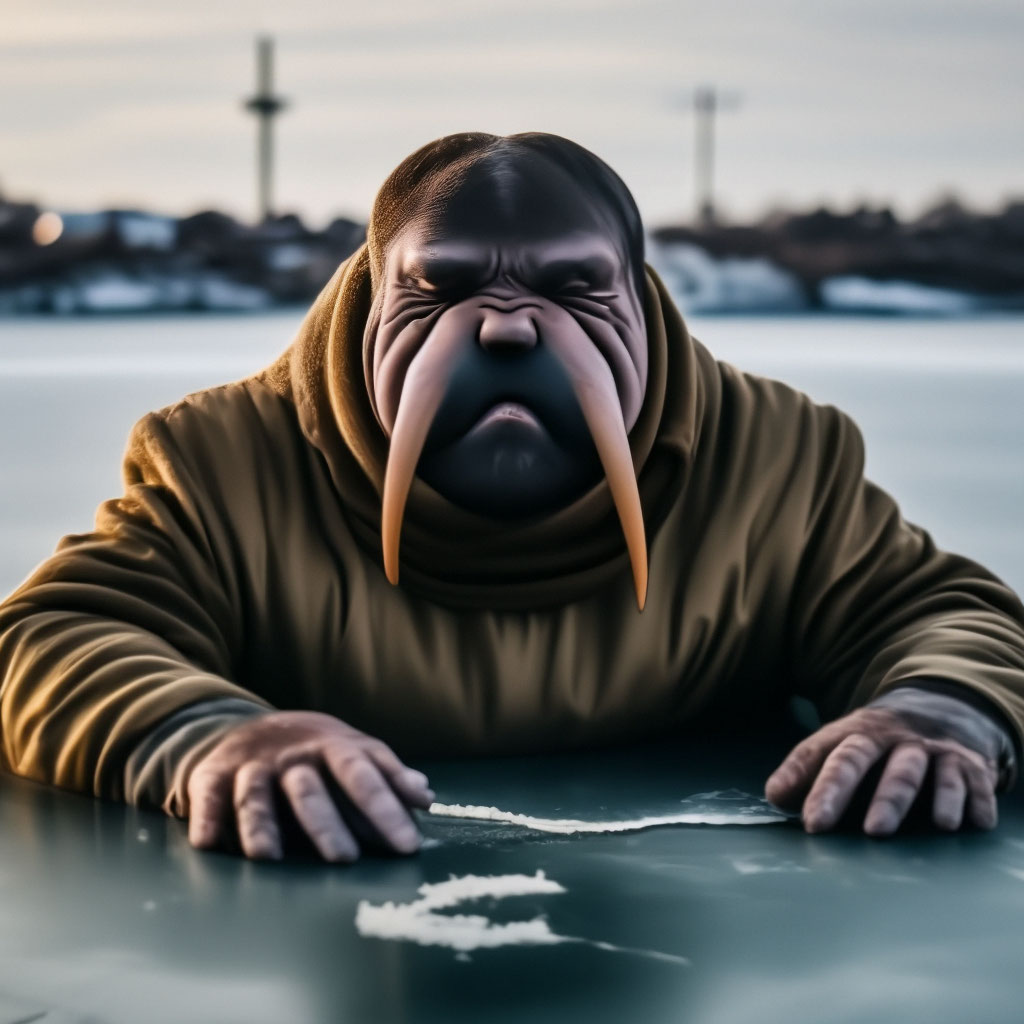 "An ice hole in a winter pond, a walrus man sticks out from there to ...