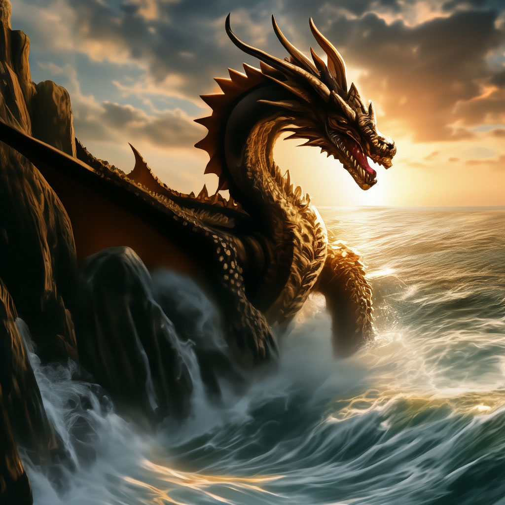 "Happy dragon, jumping into the sea from a cliff, bright sun, foam ...