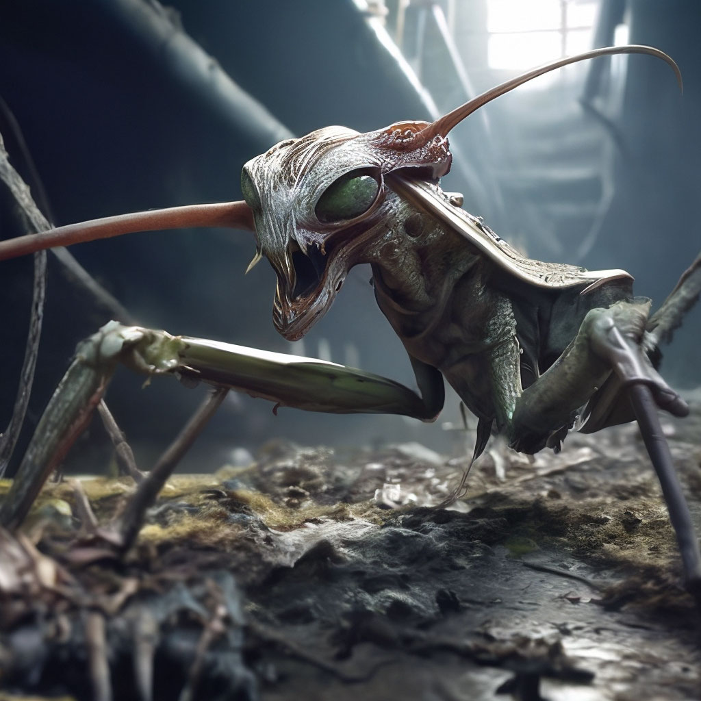 "Anthropomorphic mantis, big-headed with long thin limbs, toothless ...