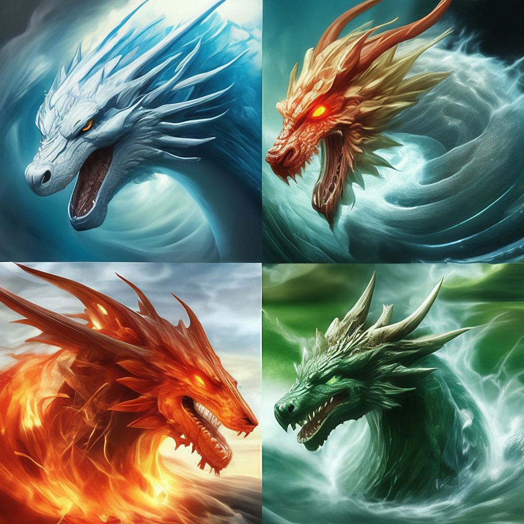 "Dragons of different elements air water earth fire" — image created in ...