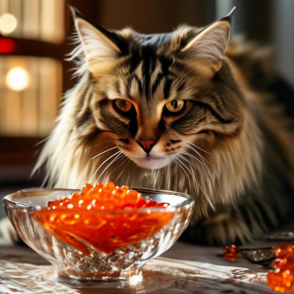 "Siberian cat, eats red caviar with a spoon from a crystal vase, sun ...