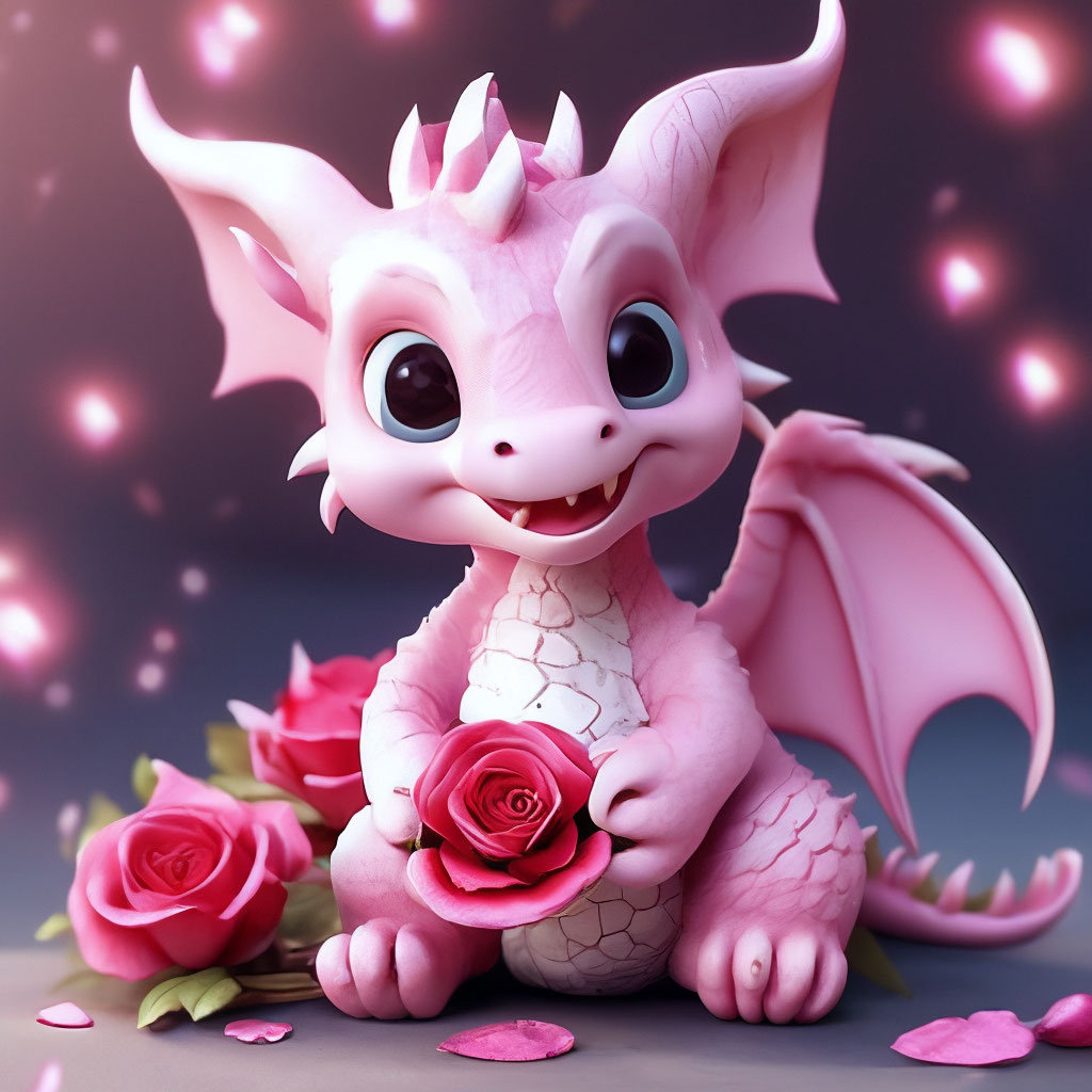 "Cute dragon, sitting pose, holding a red rose in its paw, pink and ...