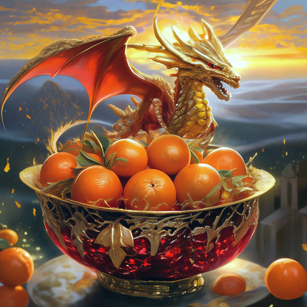 "A red and gold dragon is flying from a beautiful bowl in the ...
