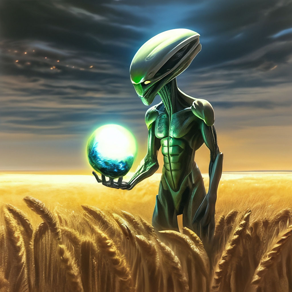 "A wheat field through which a humanoid alien walks and carries a ...