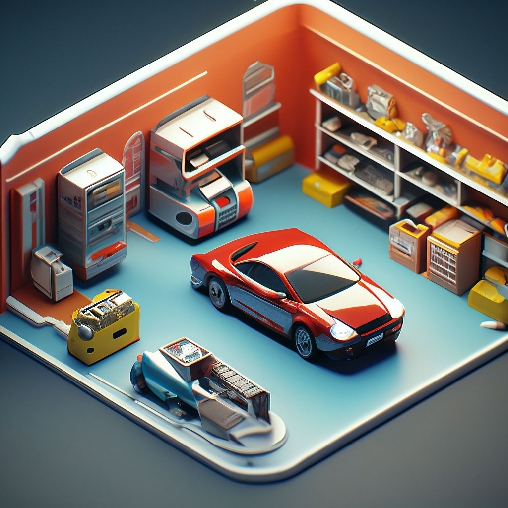 "Isometric view of a garage with a nissan skyline, isometric, tiny, 3d ...