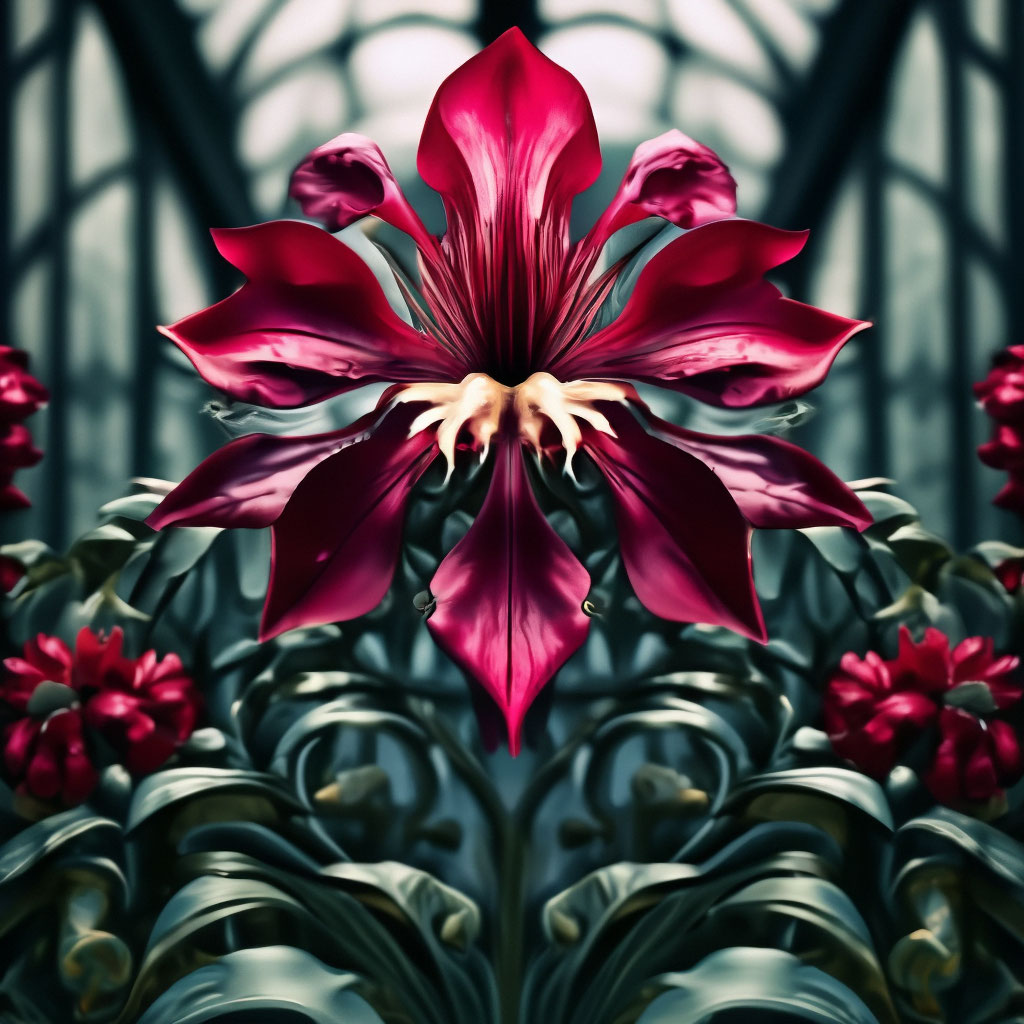 "Dark botanic gardens, elegant lines, art nouveau, pinstriping ...