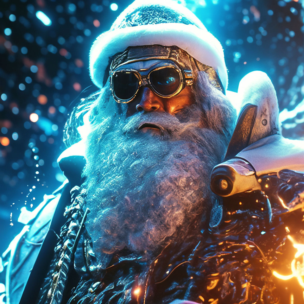 "Cyberpunk style. Modern brutal good Santa Claus inside a luminescent ...