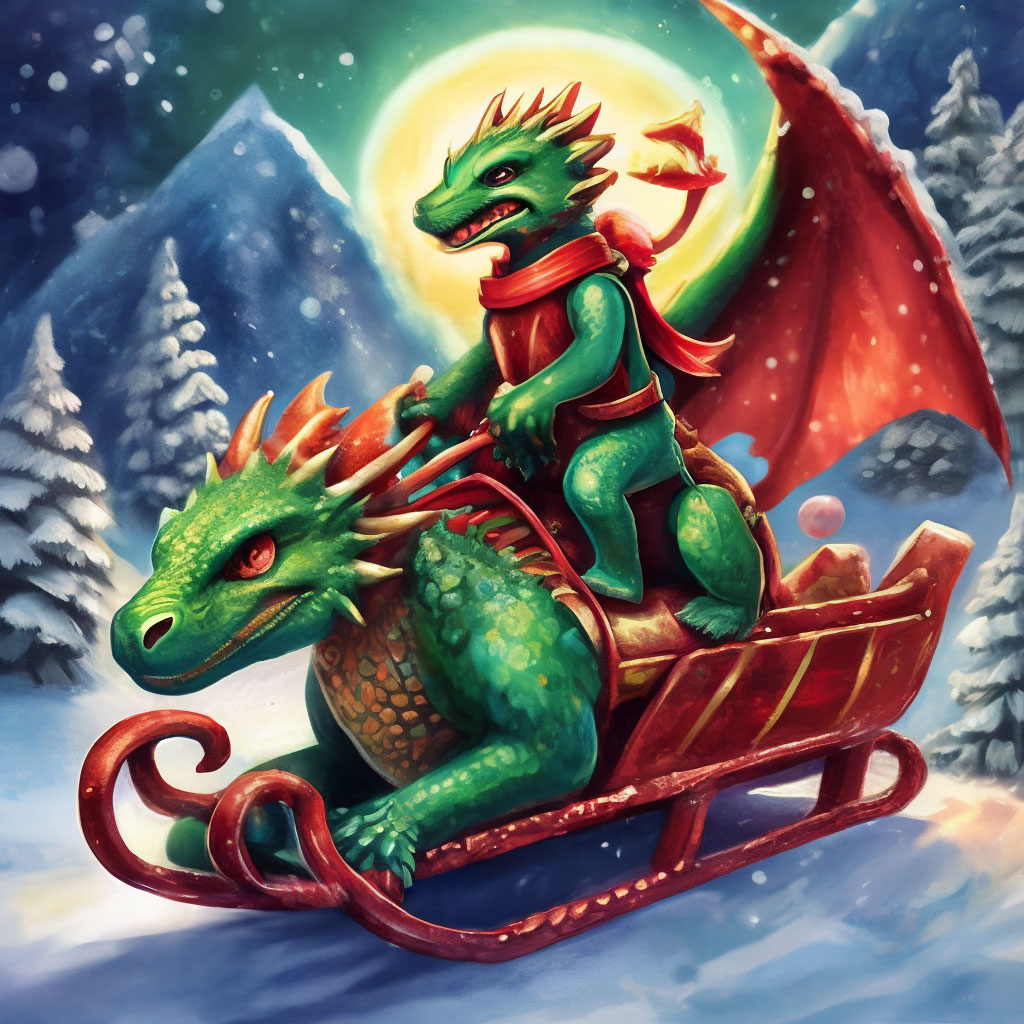 "The little dragon is riding on a sleigh with his dad, a big and strong ...