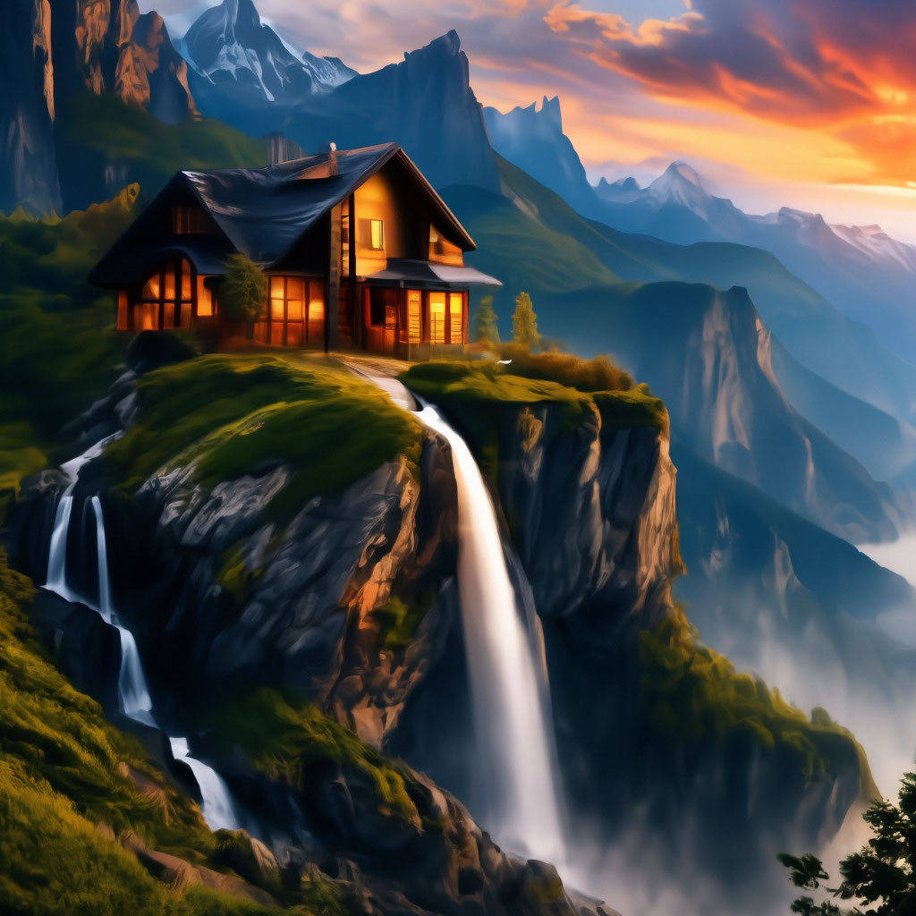 "Mountains, sunset,hillside house, cliff, waterfall" — image created in ...